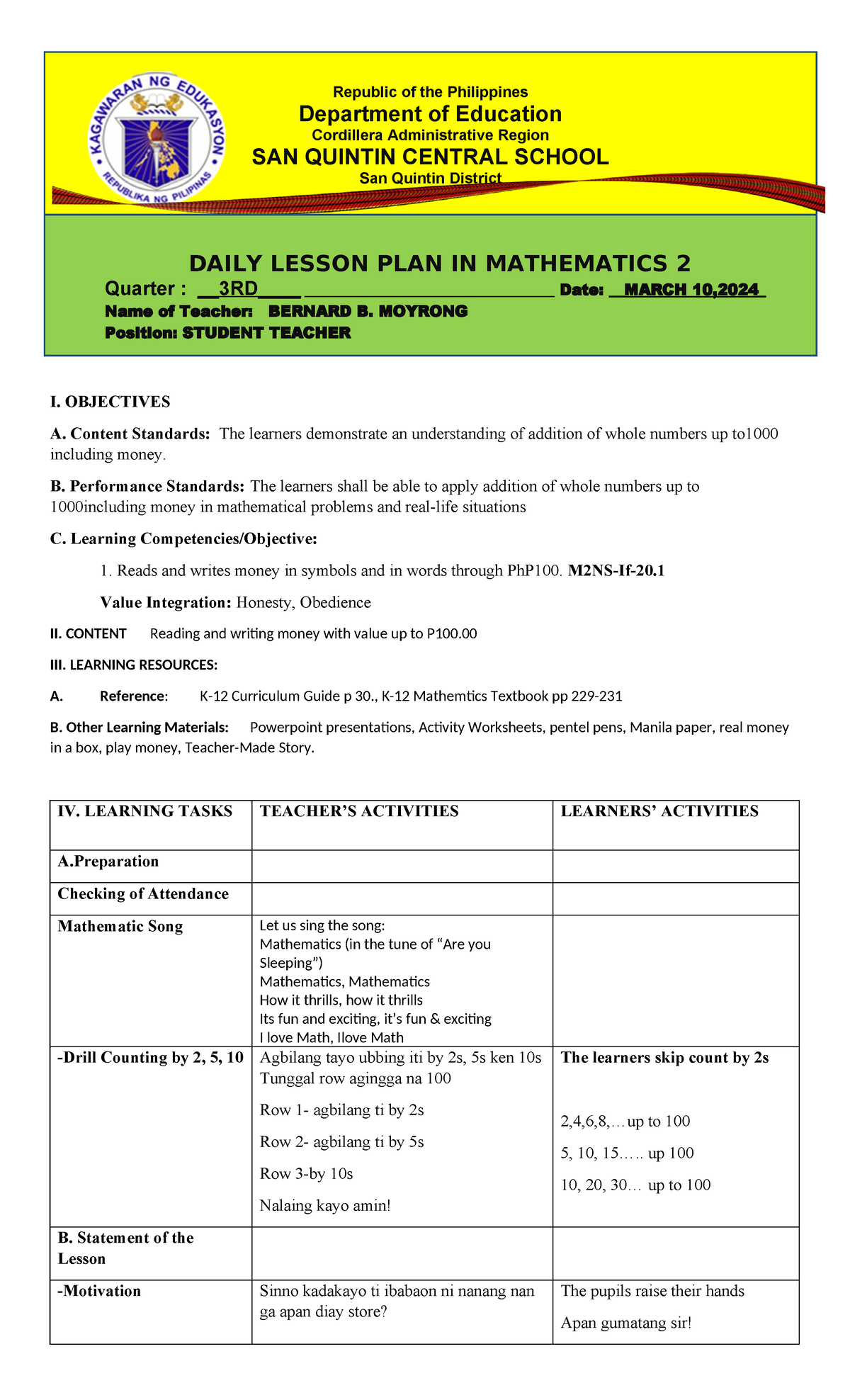 LP MATH 2 Lesson Plan: Money Addition (3RD Quarter) by Moyrong - Studocu