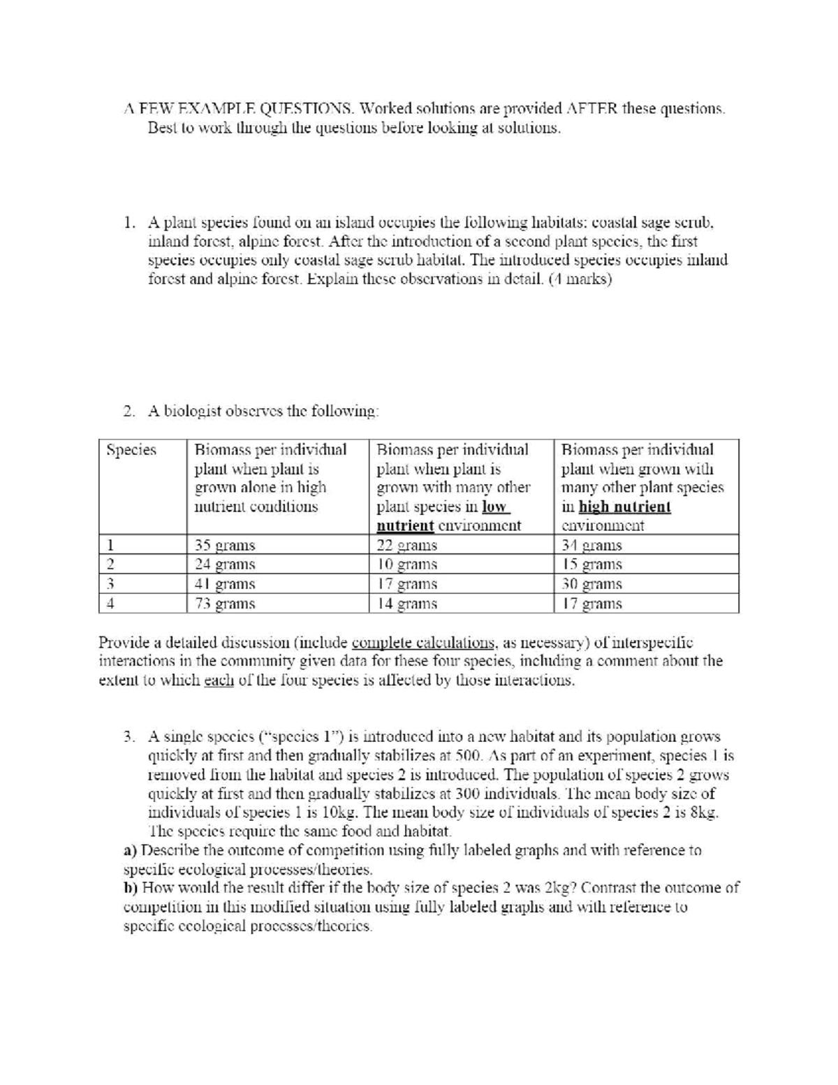 Example Questions for Midterm 2: Ecology and Competition Analysis - Studocu