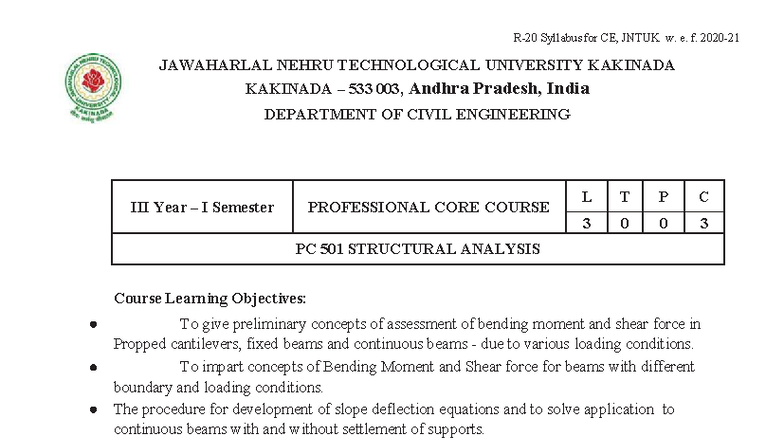 R20 CE - Structural Analysis Syllabus & Course Objectives - Studocu
