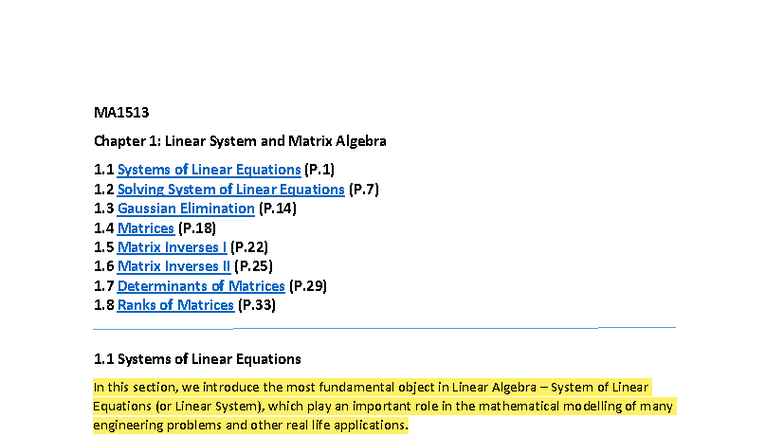 MA1513 Chapter 1: Linear Systems & Matrix Algebra Overview - Studocu