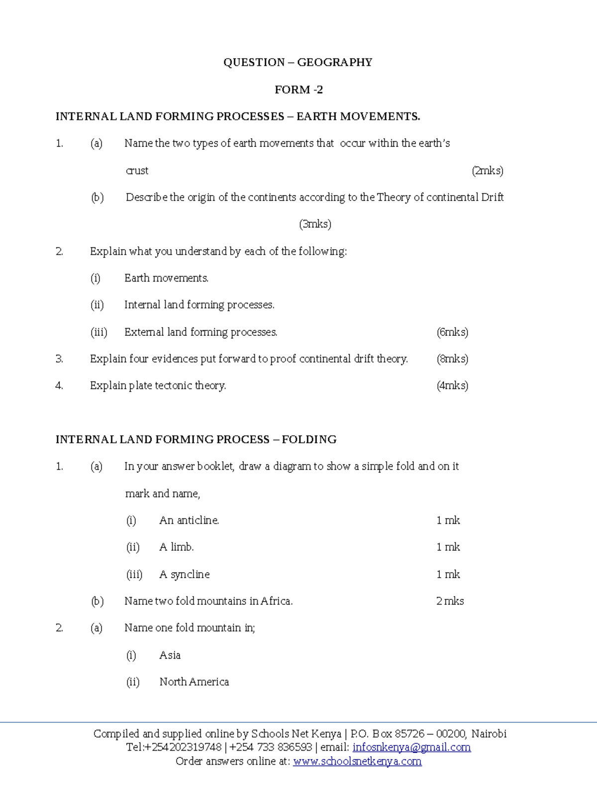 Geography Form 2 Internal Land Forming Processes Questions - Studocu