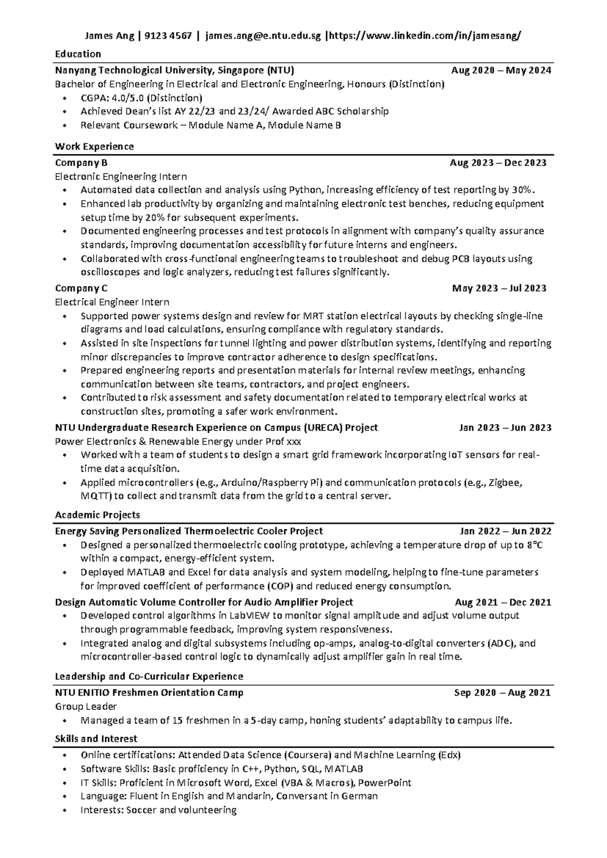 EEE Resume Sample for Workshop - Apr 2025 - Studocu