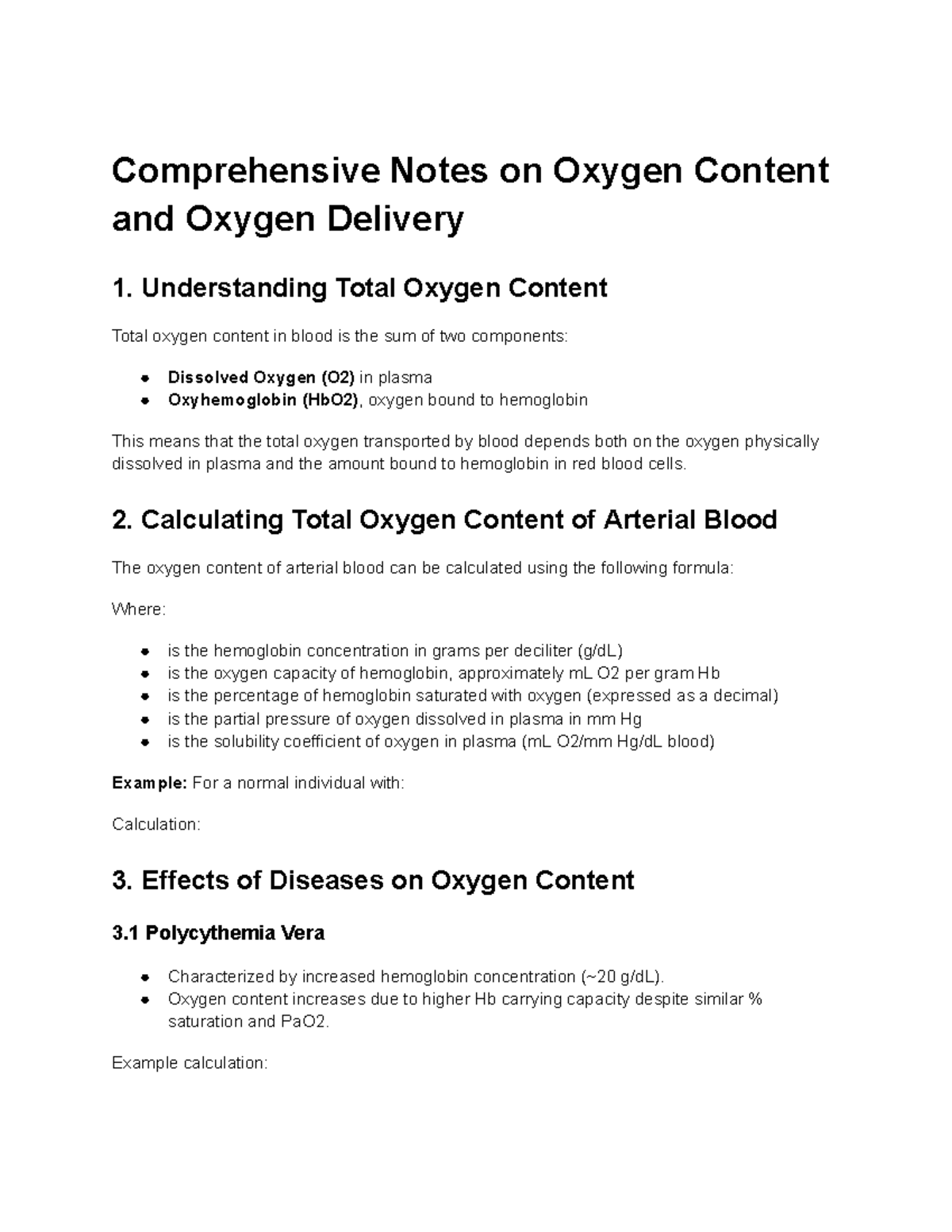 Oxygen Content and Delivery: Comprehensive Study Notes I - Studocu