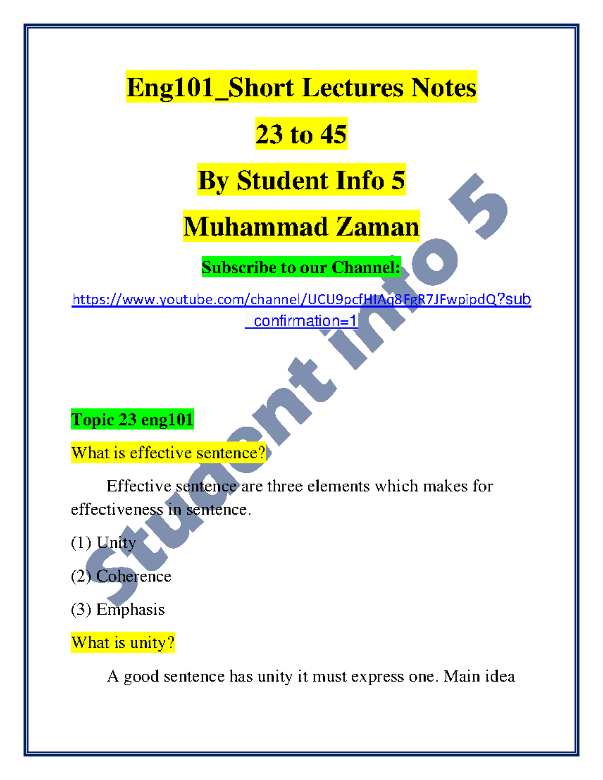 Eng101 Highlighted Notes on Effective Sentences & Writing Concepts 23 ...