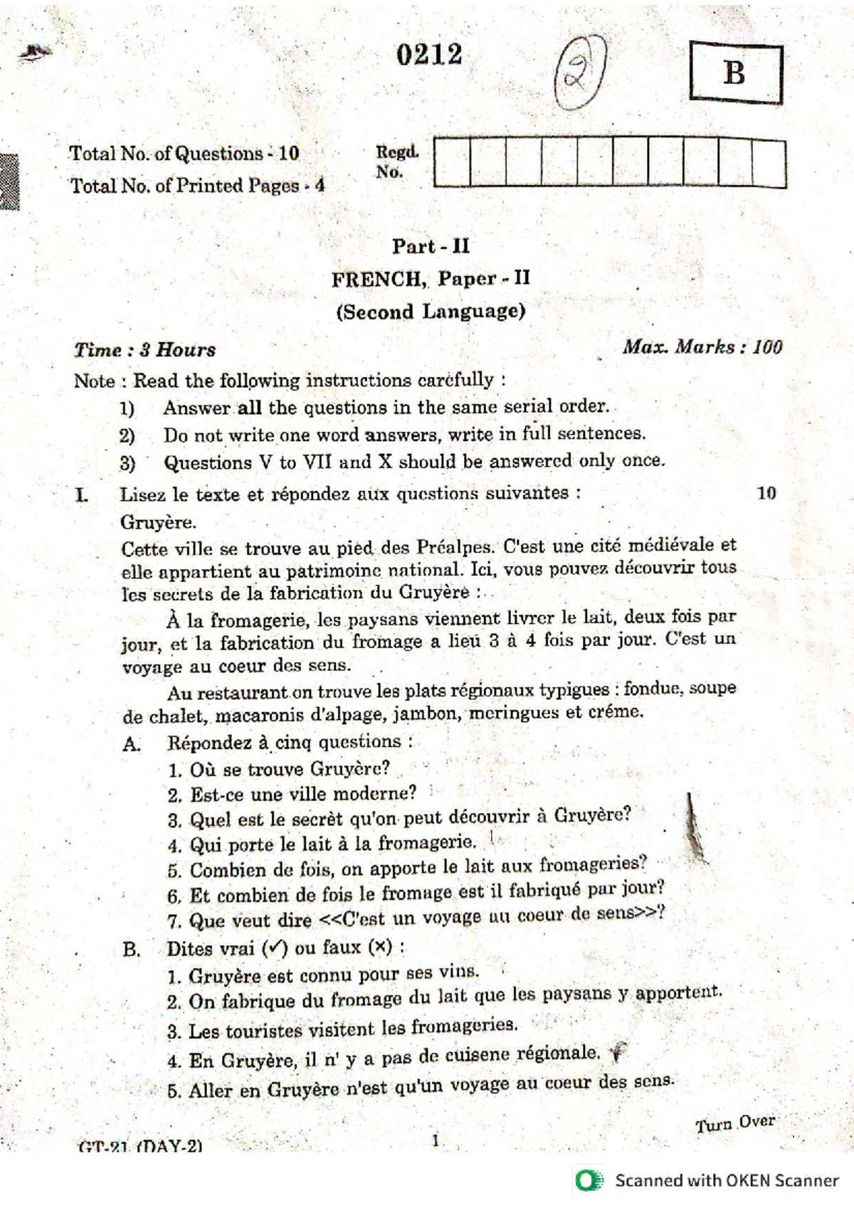 0212 2 B French Paper II Model Exam - Total Questions: 10 - Studocu