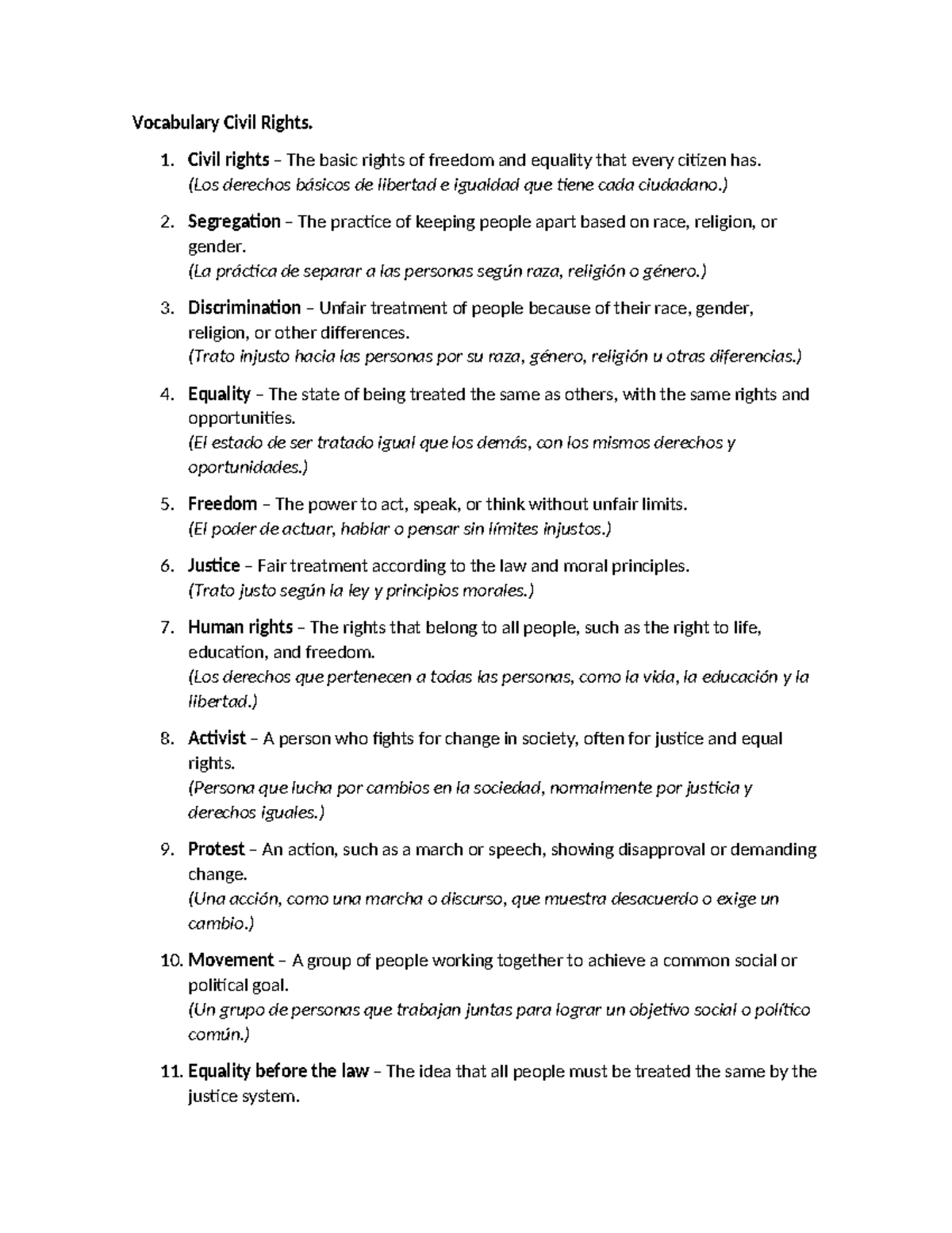 Civil Rights Vocabulary: Key Terms and Definitions - Studocu