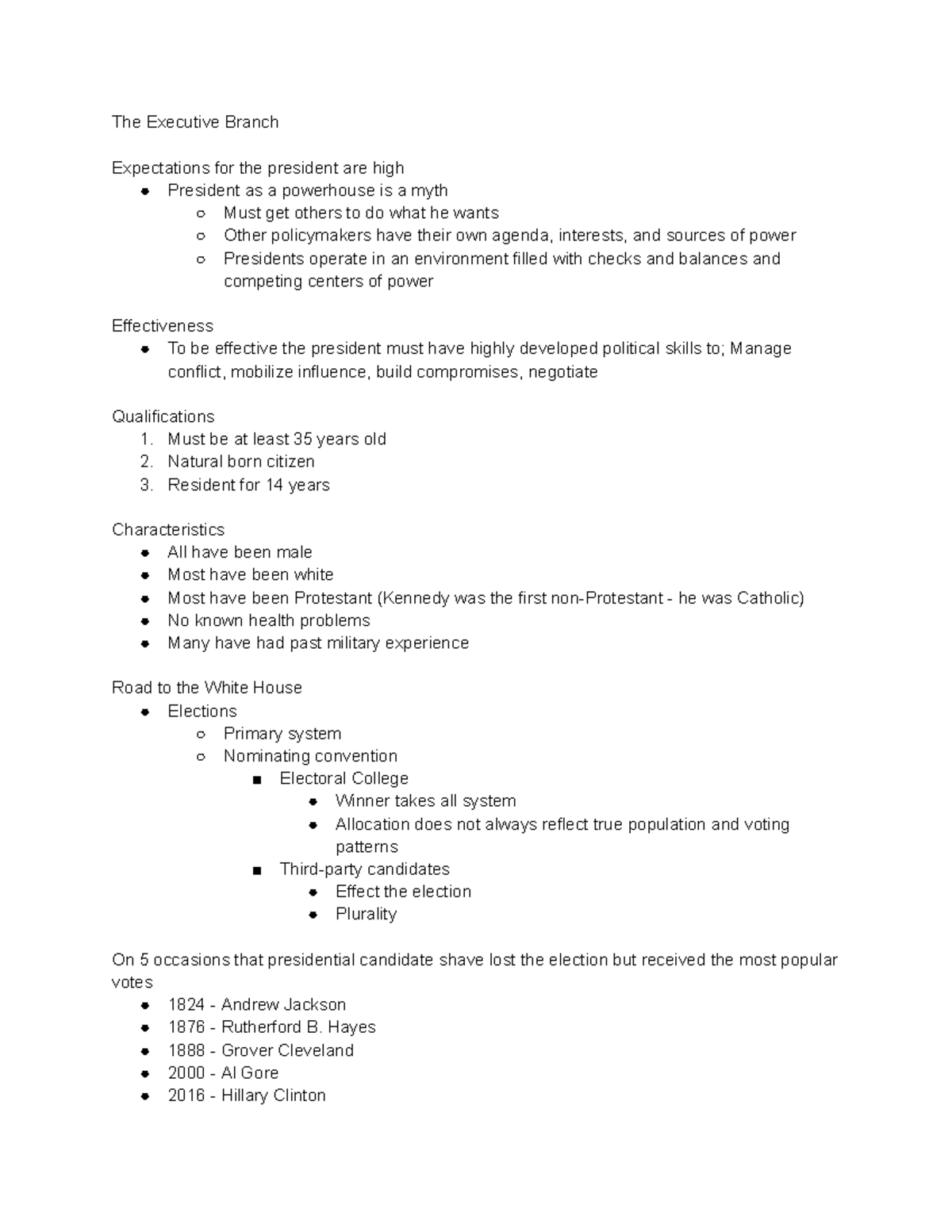 AP GOV UNIT 2B - Executive Branch Notes - The Executive Branch ...
