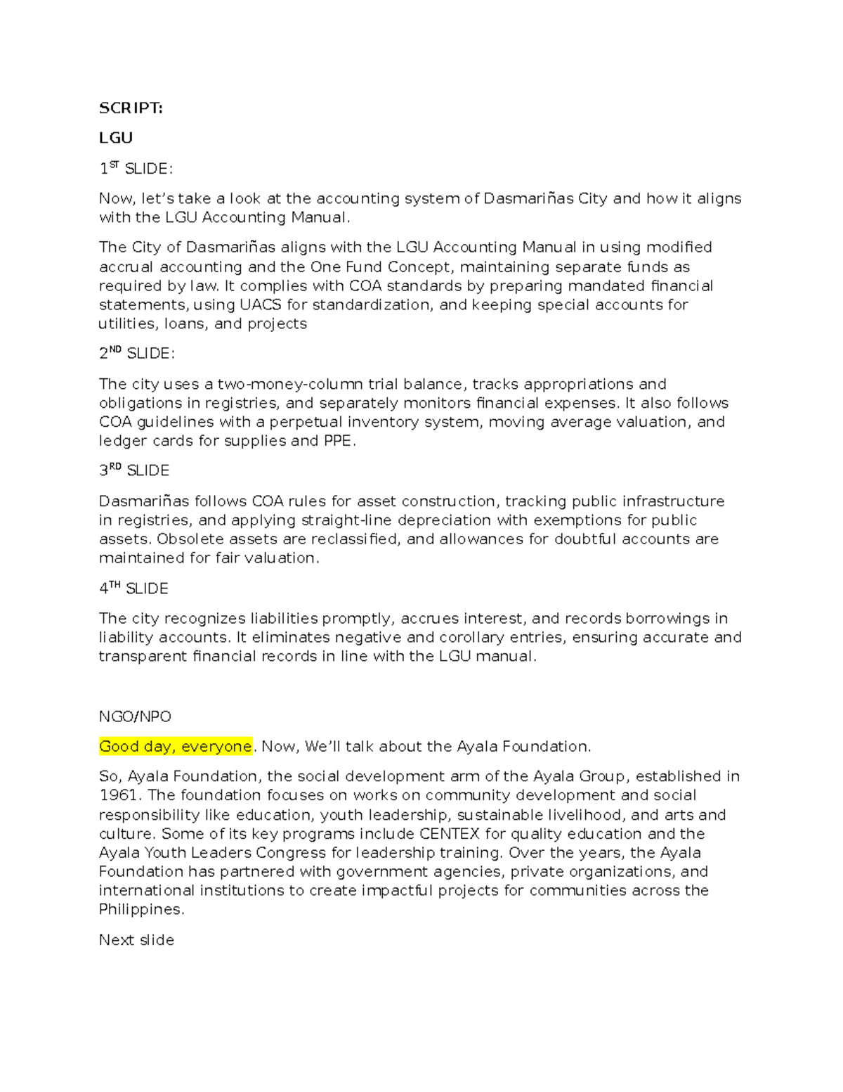 LGU AND NPO - script for reporting - SCRIPT: LGU 1 ST SLIDE: Now, let’s ...