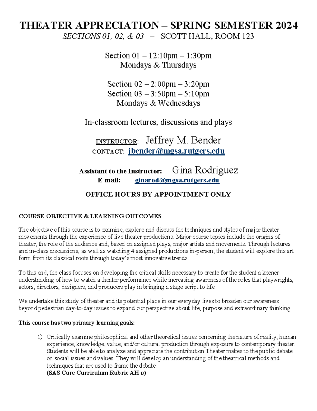 Theater Appreciation Syllabus - Spring 2024 (THR 101) - Studocu