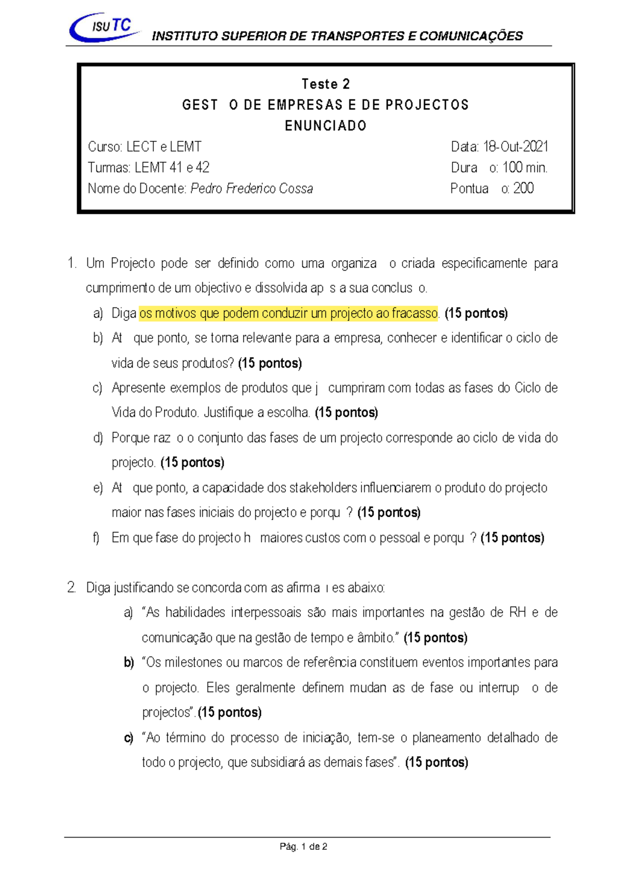 Teste 2 - Gestão de Empresas e Projetos - LEMT 41 e 42 - 2021 - Studocu