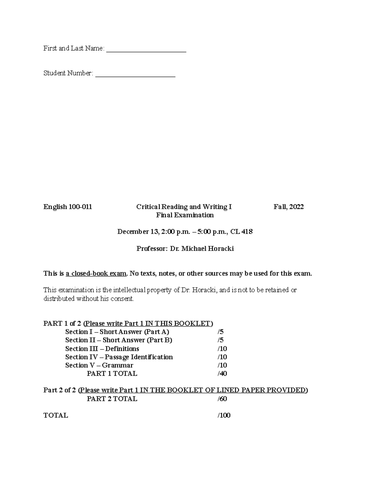 Final Exam Guide for ENGL 100-011 Critical Reading & Writing I - Studocu