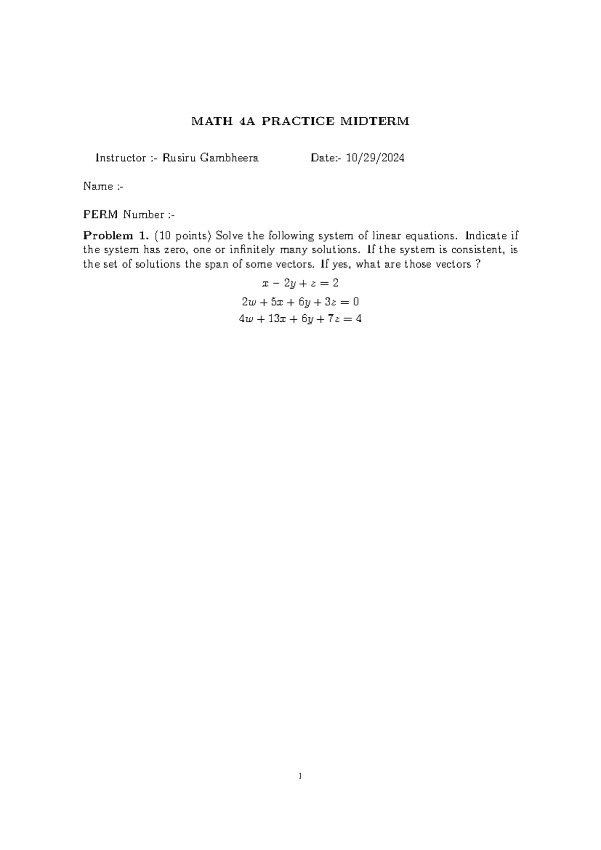 Practice Midterm Exam for Math 4A - Linear Algebra Concepts - Studocu