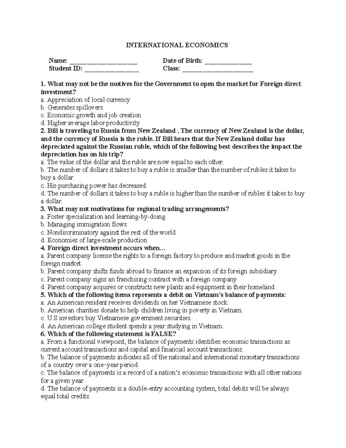 Practice Test - Midterm Review for International Economics (KTQT) - Studocu