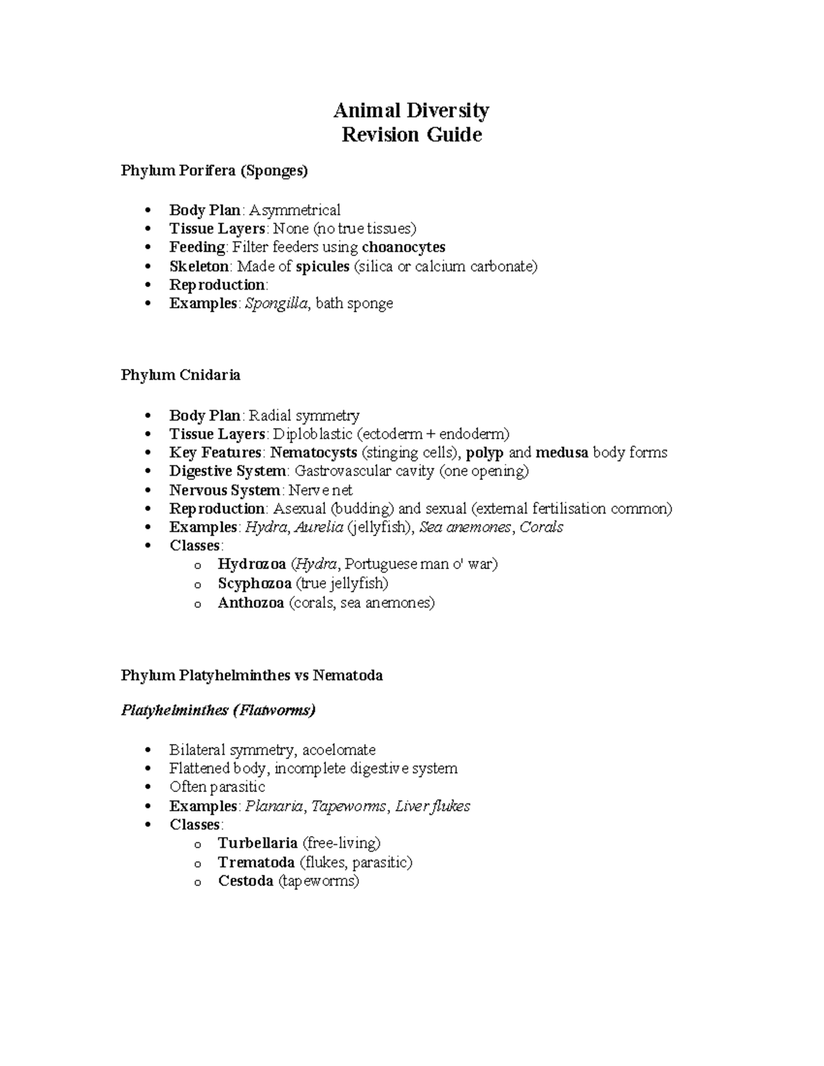 Animal Diversity Revision Guide: Phyla Overview and Key Features ...