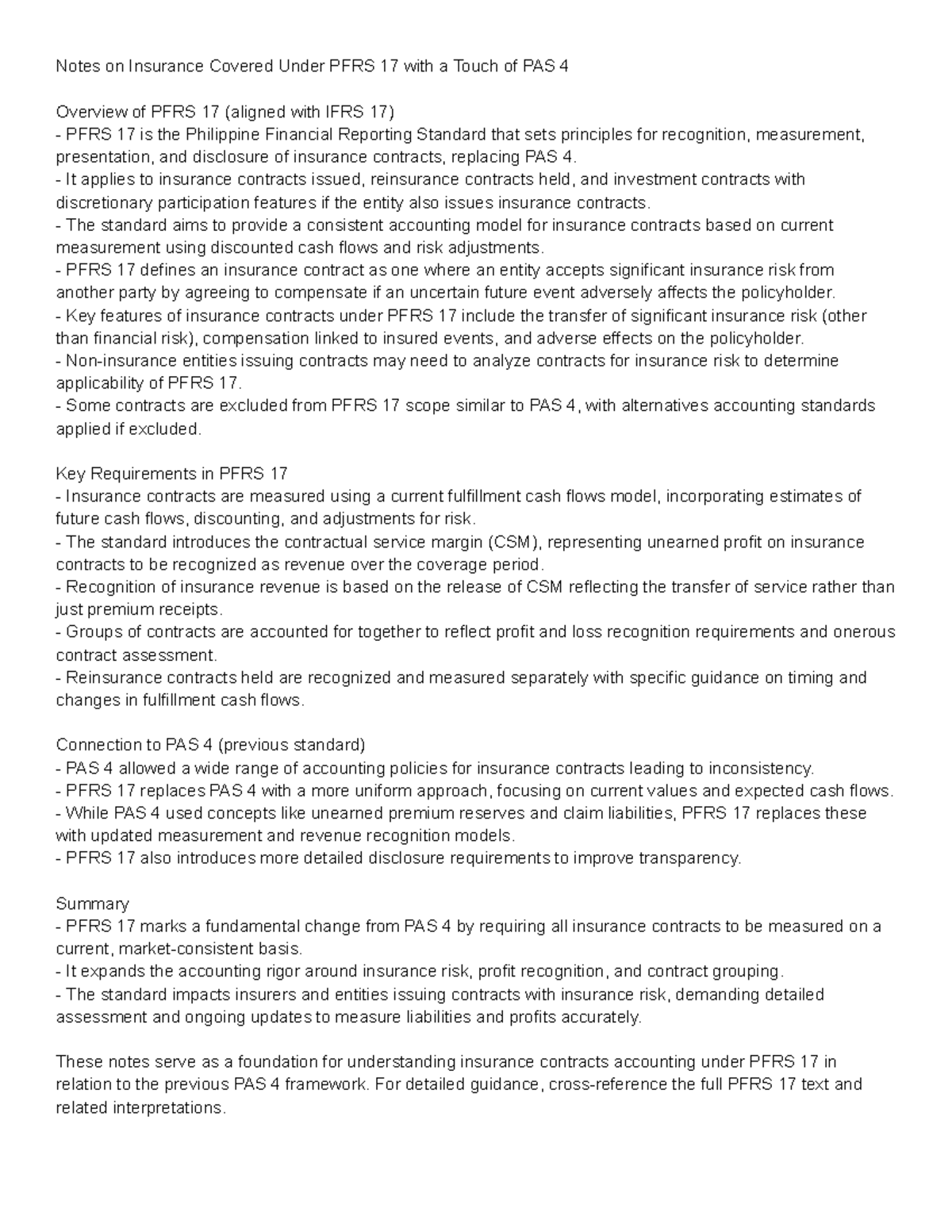 PFRS 17 Insurance Accounting Notes: Insights from PAS 4 - Studocu