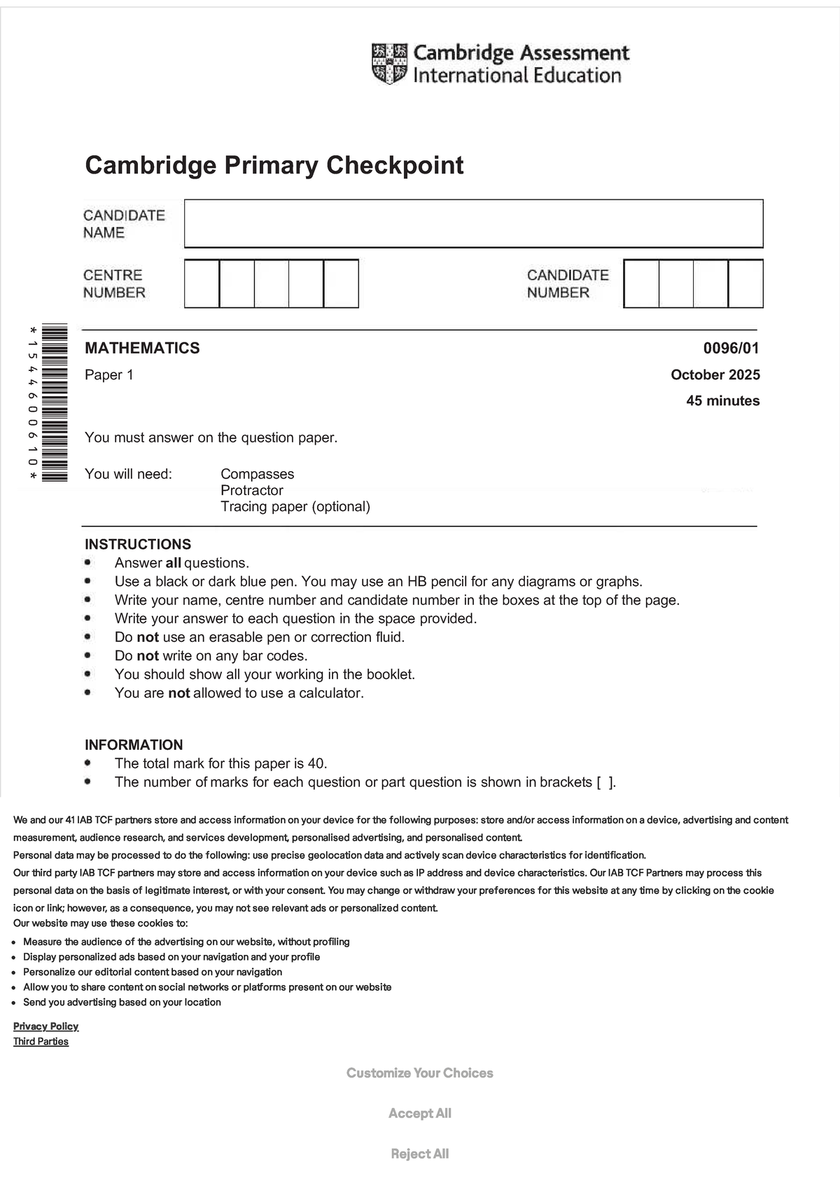 Cambridge Primary Checkpoint Mathematics Paper 1 - Oct 2025 - Studocu