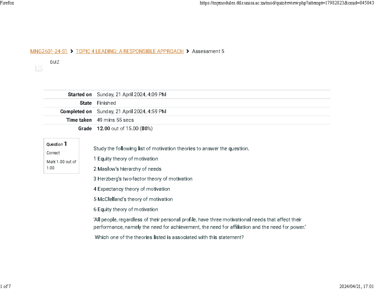 MNG2601 Assessment 5 Attempt Review and Feedback - Studocu