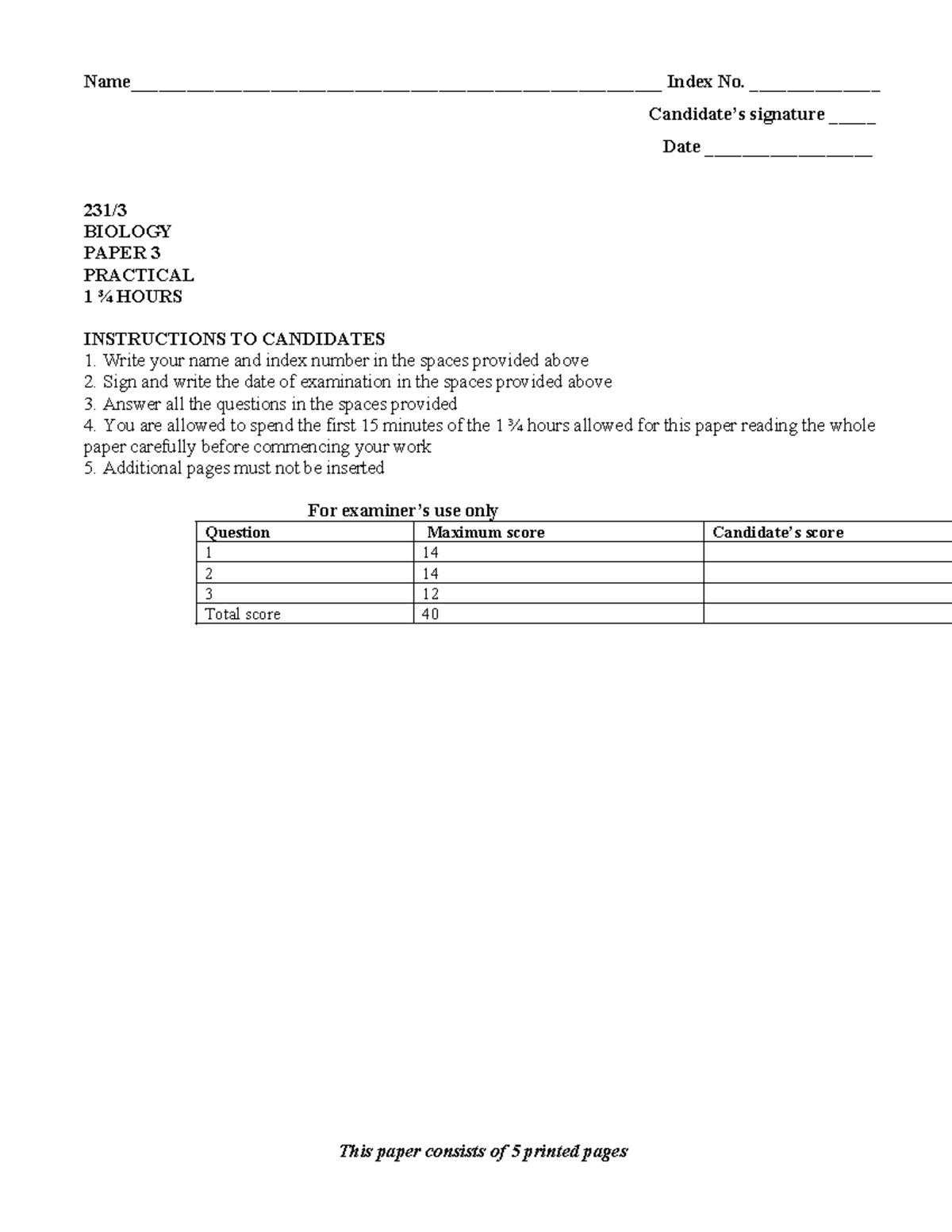 Biology Paper 3 Practical Exam - 10 Questions (Index No. Required ...