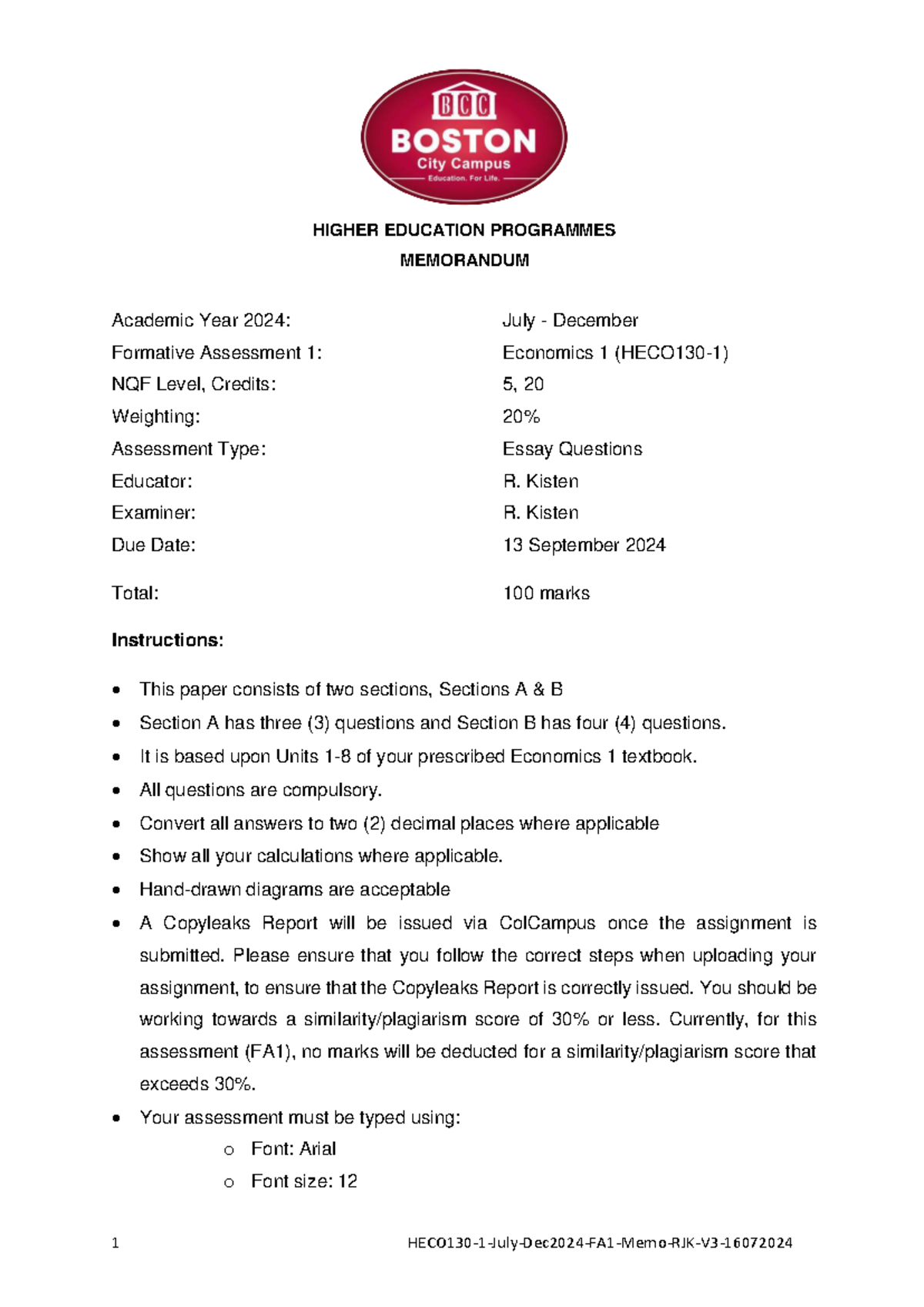 HECO130 Formative Assessment 1 Memo: Economics 1 July-Dec 2024 - Studocu