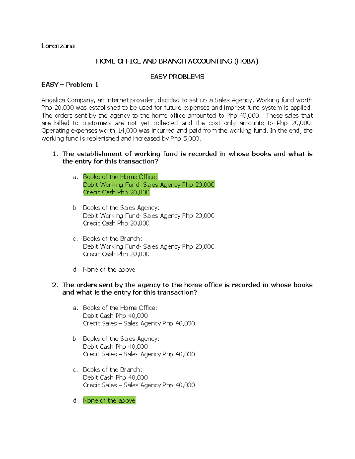 BusCom - HOBA Problems: Accounting for Home Office and Branch Transactions - Studocu