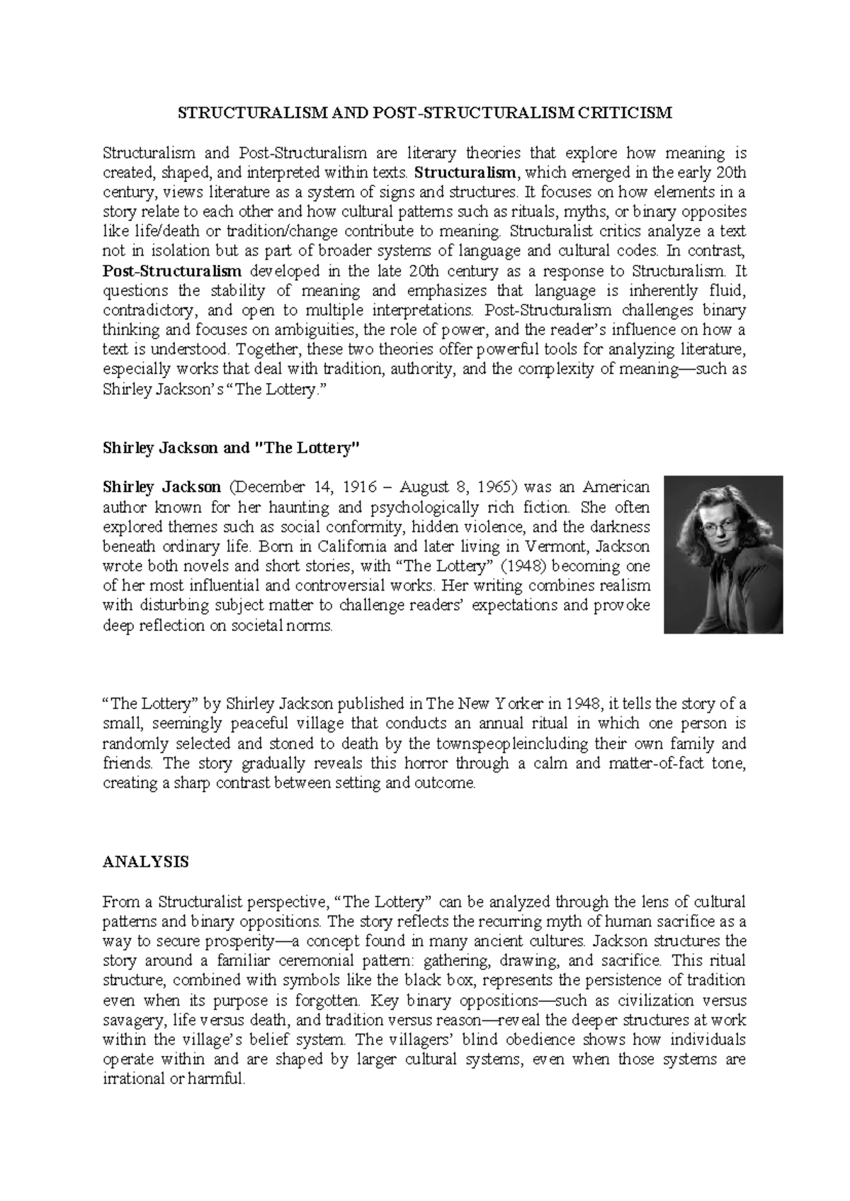 Structuralism & Post-Structuralism Criticism of Shirley Jackson's "The ...