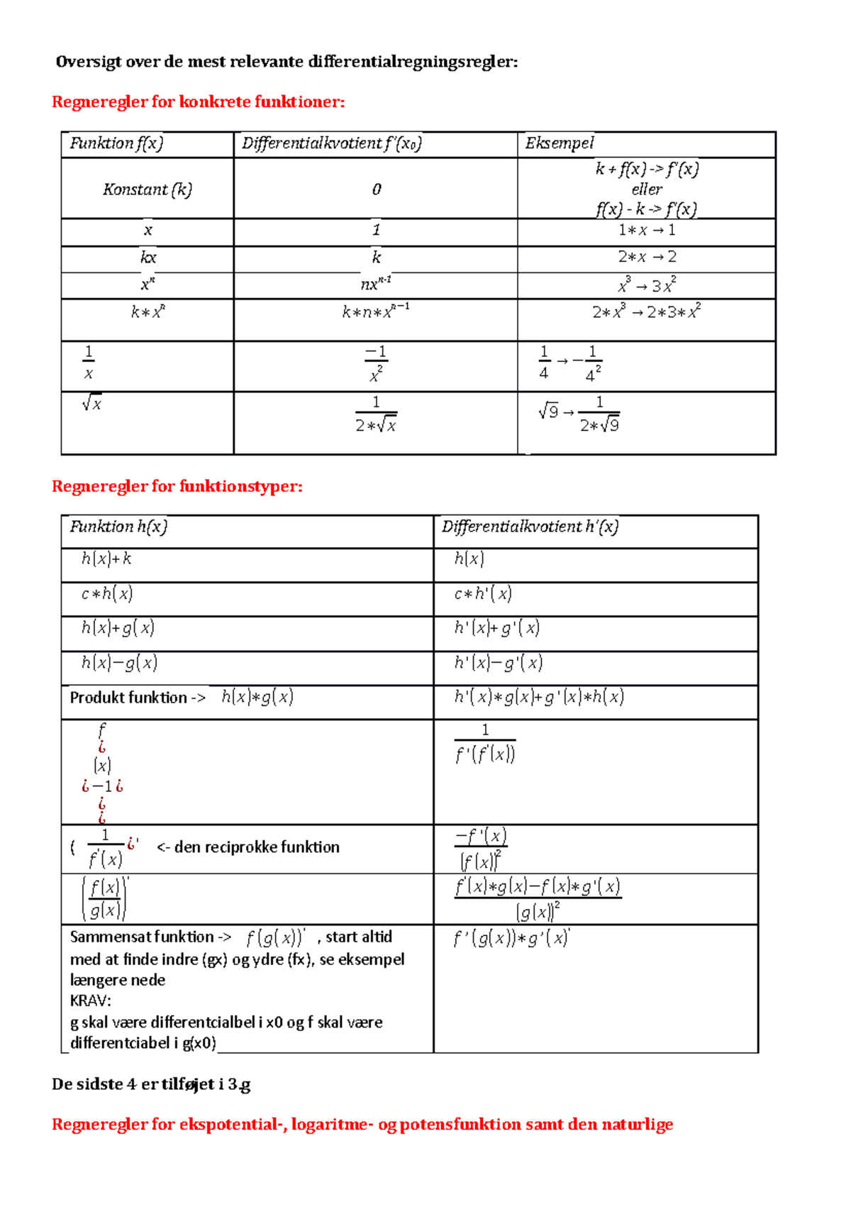 Differentialregningsregler: Oversigt for 3.g Studerende - Studocu