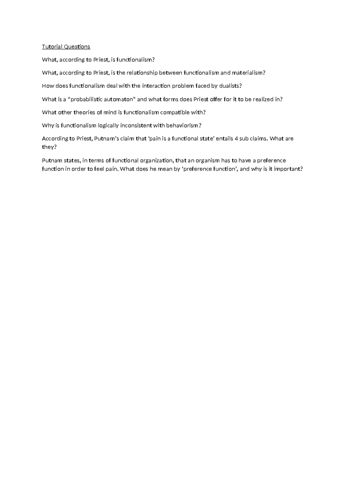 Tutorial Questions on Functionalism and Mind Theories - Studocu