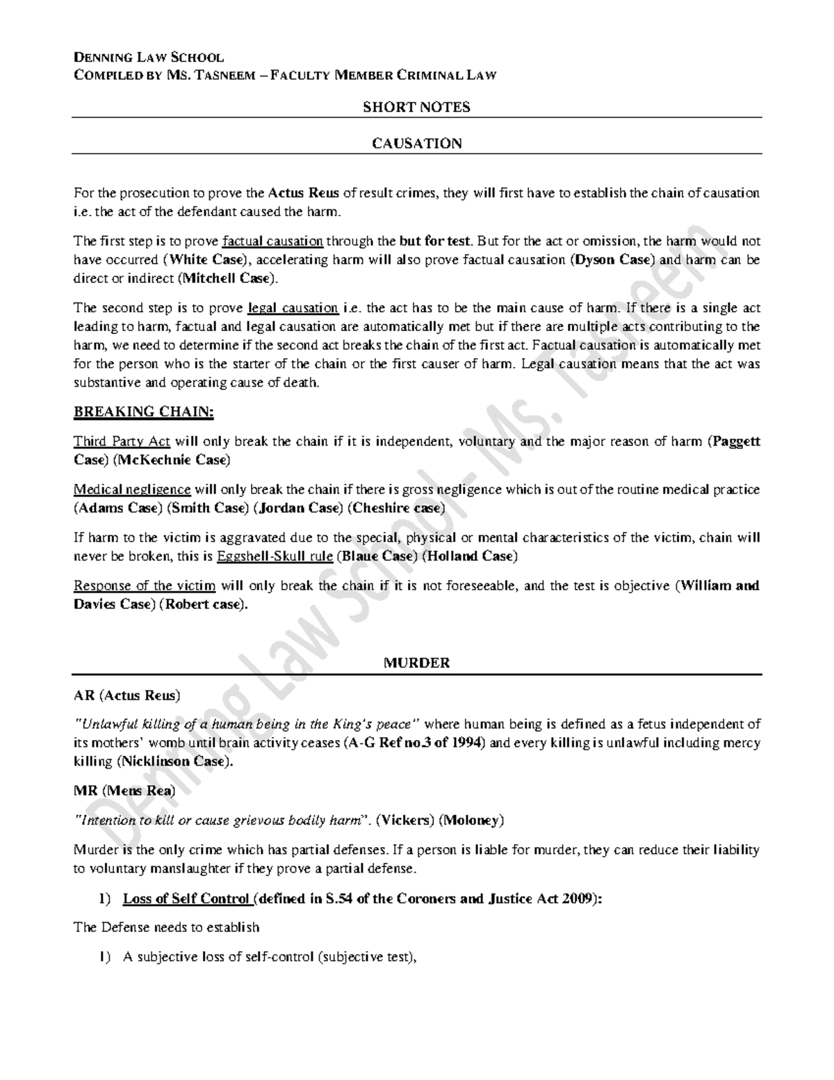 Criminal Law Notes: Key Topics Overview for CL103 Final Exam - Studocu