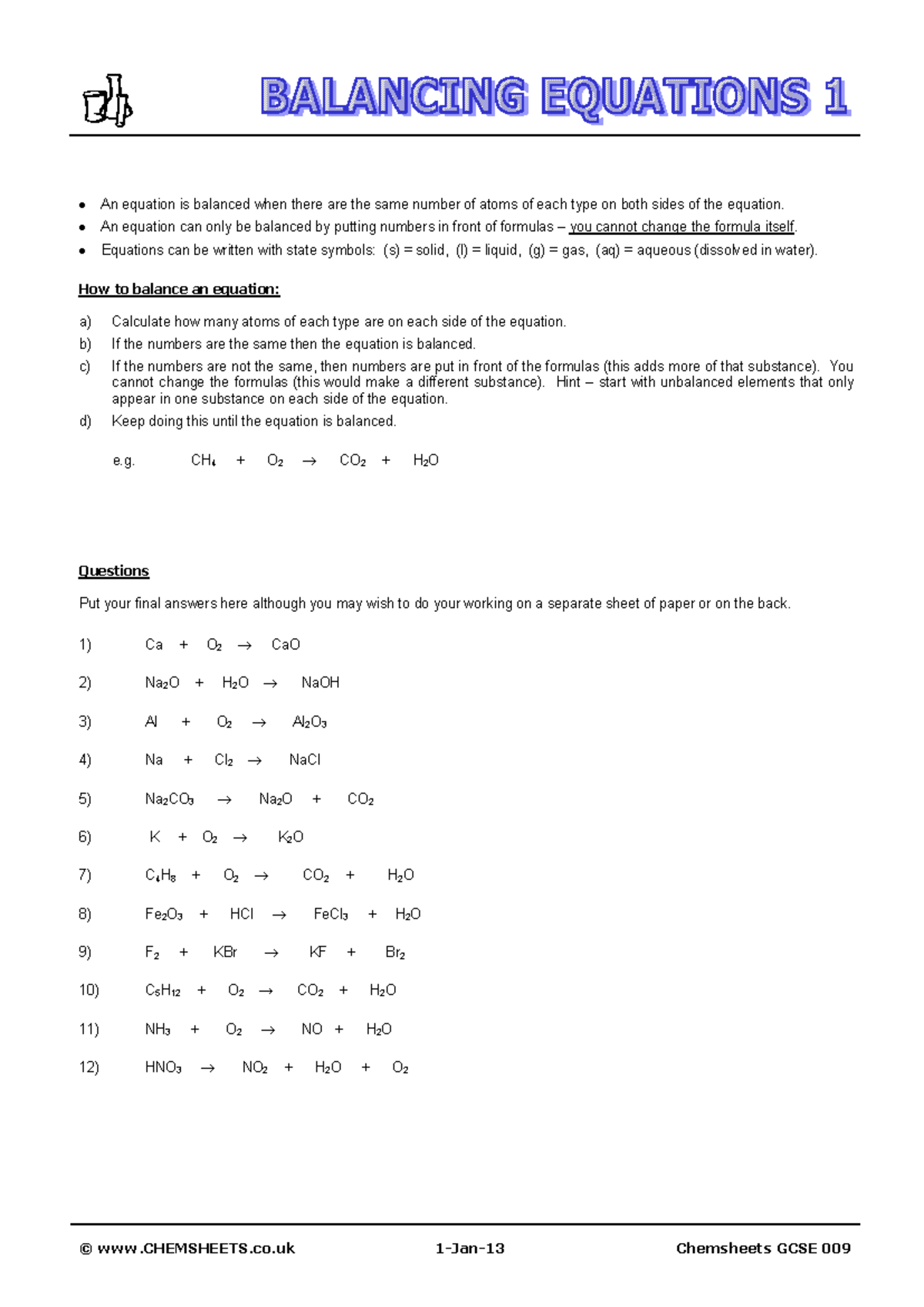 Chemsheets GCSE 009: Balancing Chemical Equations Guide - Studocu