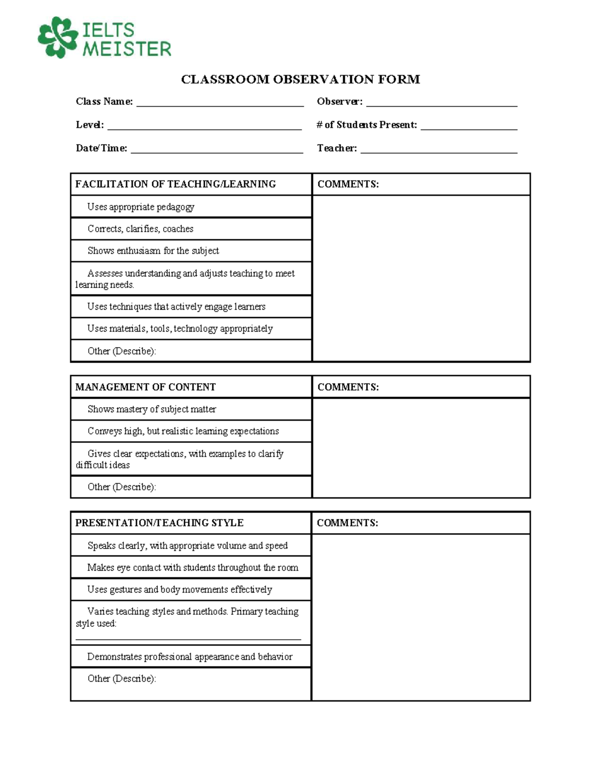 Classroom Observation Form: Teacher Evaluation & Student Engagement ...