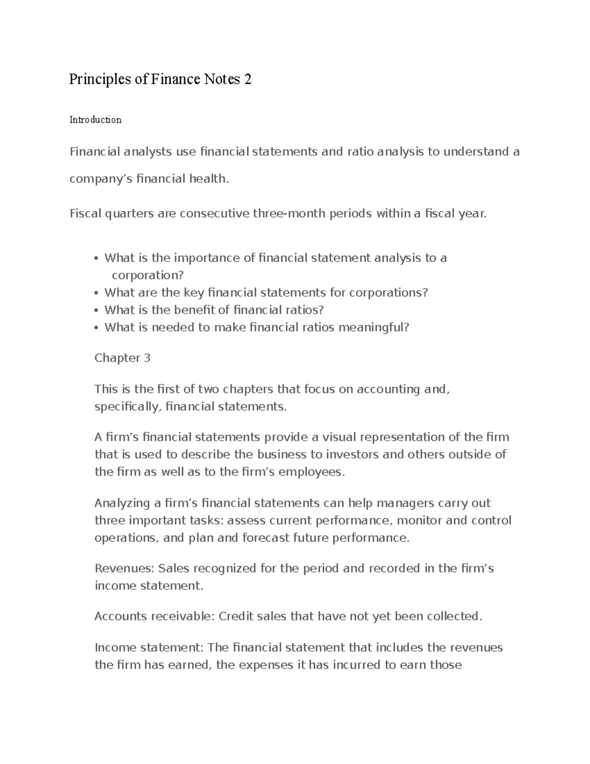 Principles of Finance Notes 2 - Fiscal quarters are consecutive three ...