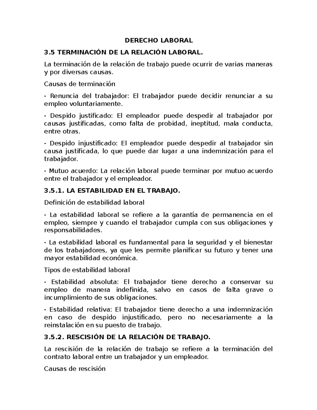 DERECHO LABORAL 3.5: TERMINACIÓN Y RESCISIÓN DE LA RELACIÓN LABORAL ...