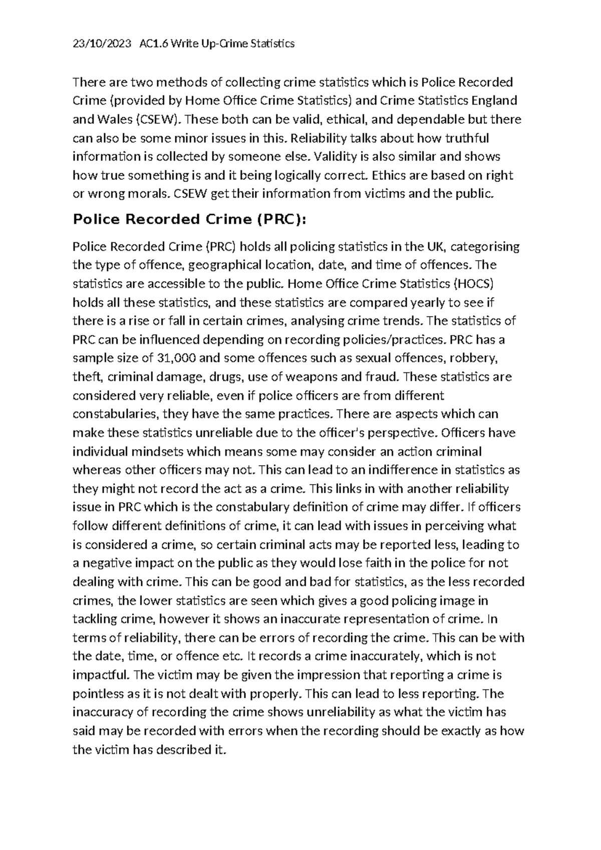 AC1.6 Crime Statistics Analysis: PRC vs CSEW Evaluation - Studocu