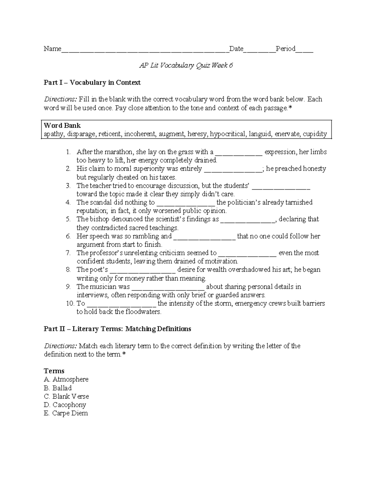 AP Lit Vocab Quiz Week 6 - Study Practice for Exam - Studocu