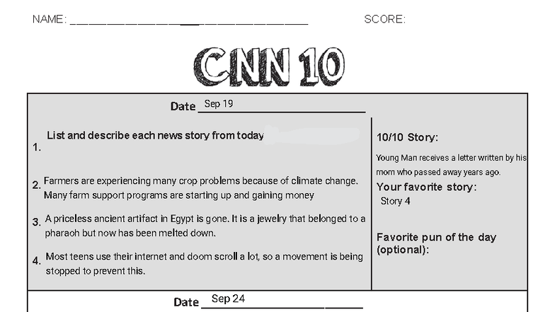 CNN10 Worksheet 25: Daily News Summaries (Sep 19-26) - Studocu