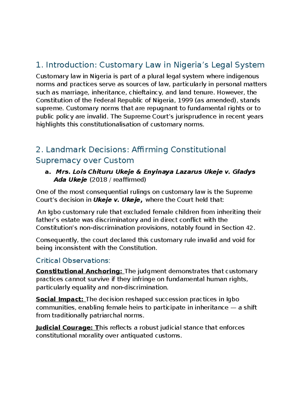 Customary Law in Nigeria: Supreme Court Insights (LAW 101) - Studocu