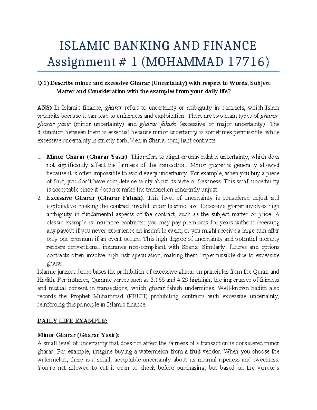 Islamic Banking & Finance (ISL 17716): Gharar Types & Riba Analysis Essay - Studocu