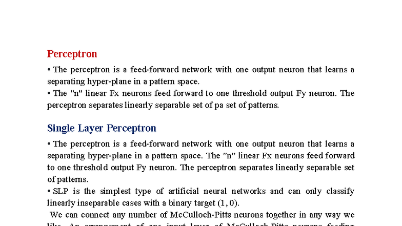 Single Layer Perceptron Overview - NEURAL NETWORKS - Studocu