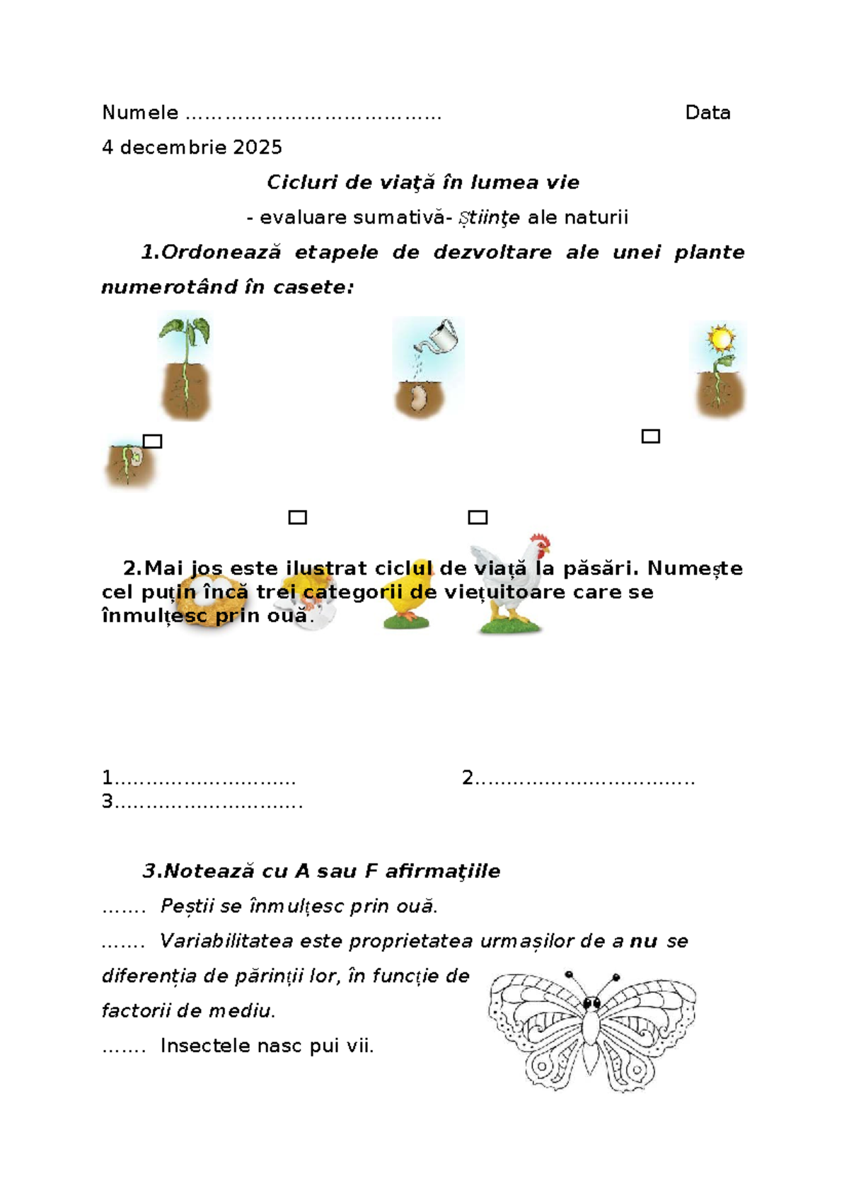 Test de Evaluare: Cicluri de Viață în Științe ale Naturii 1 - 4 Dec ...