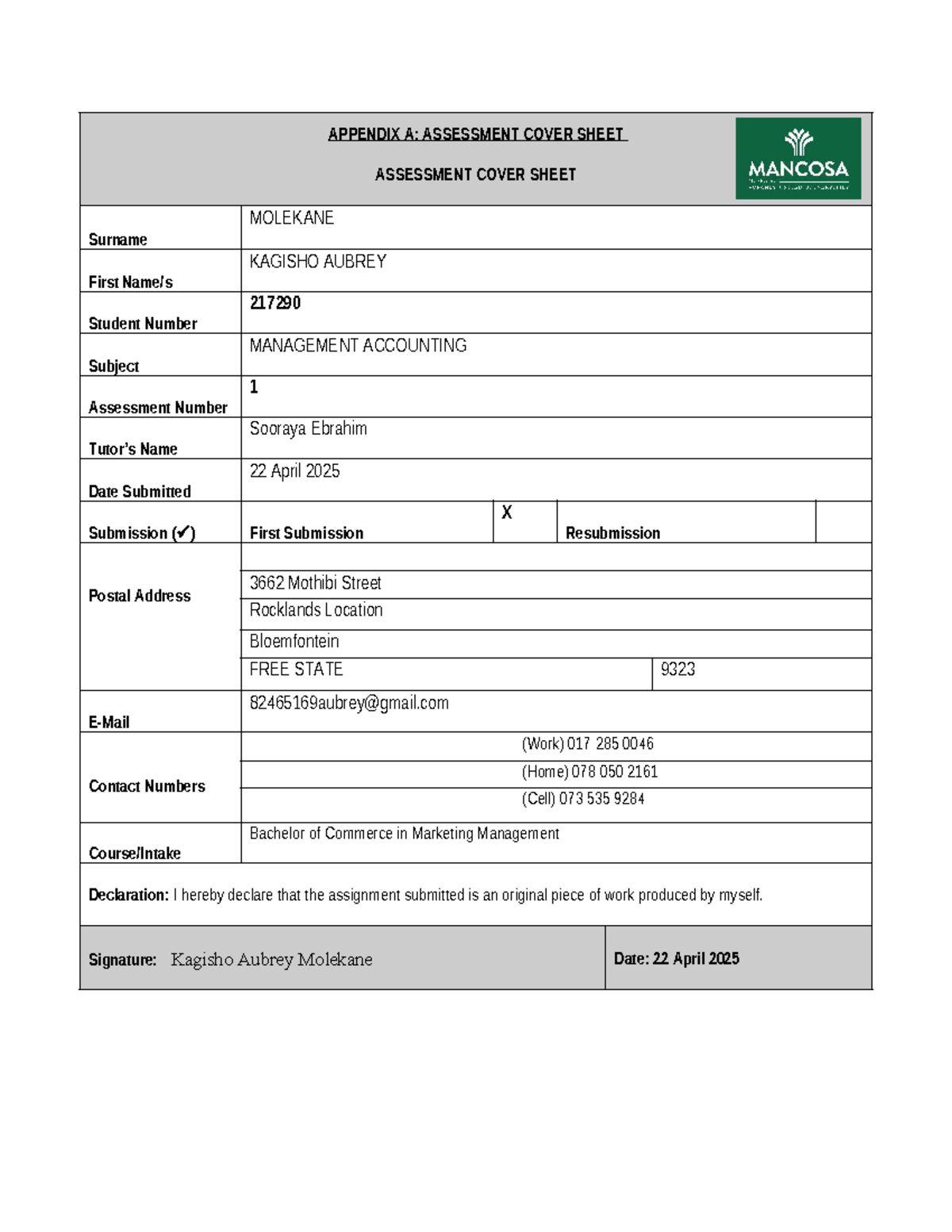 MANAGEMENT ACCOUNTING 1: Assessment Cover Sheet & FIFO Method Analysis ...