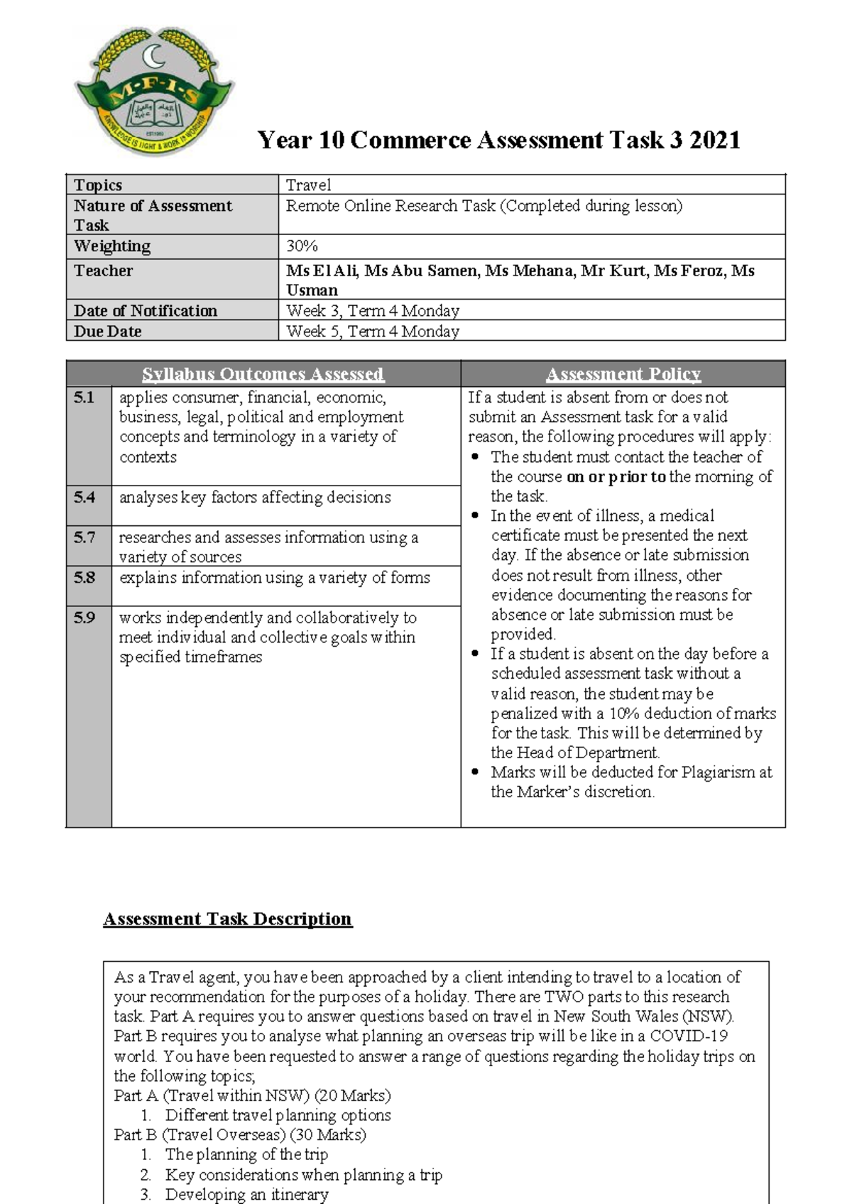 Year 10 Commerce Assessment Task 3: Travel Research Project Guide - Studocu