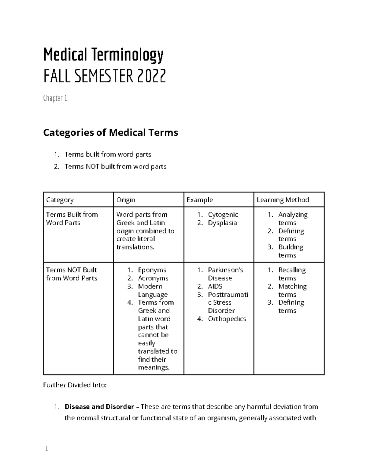 Med Term 2 - notes - Medical Terminology FALL SEM TER 2022 Chapter 1 ...