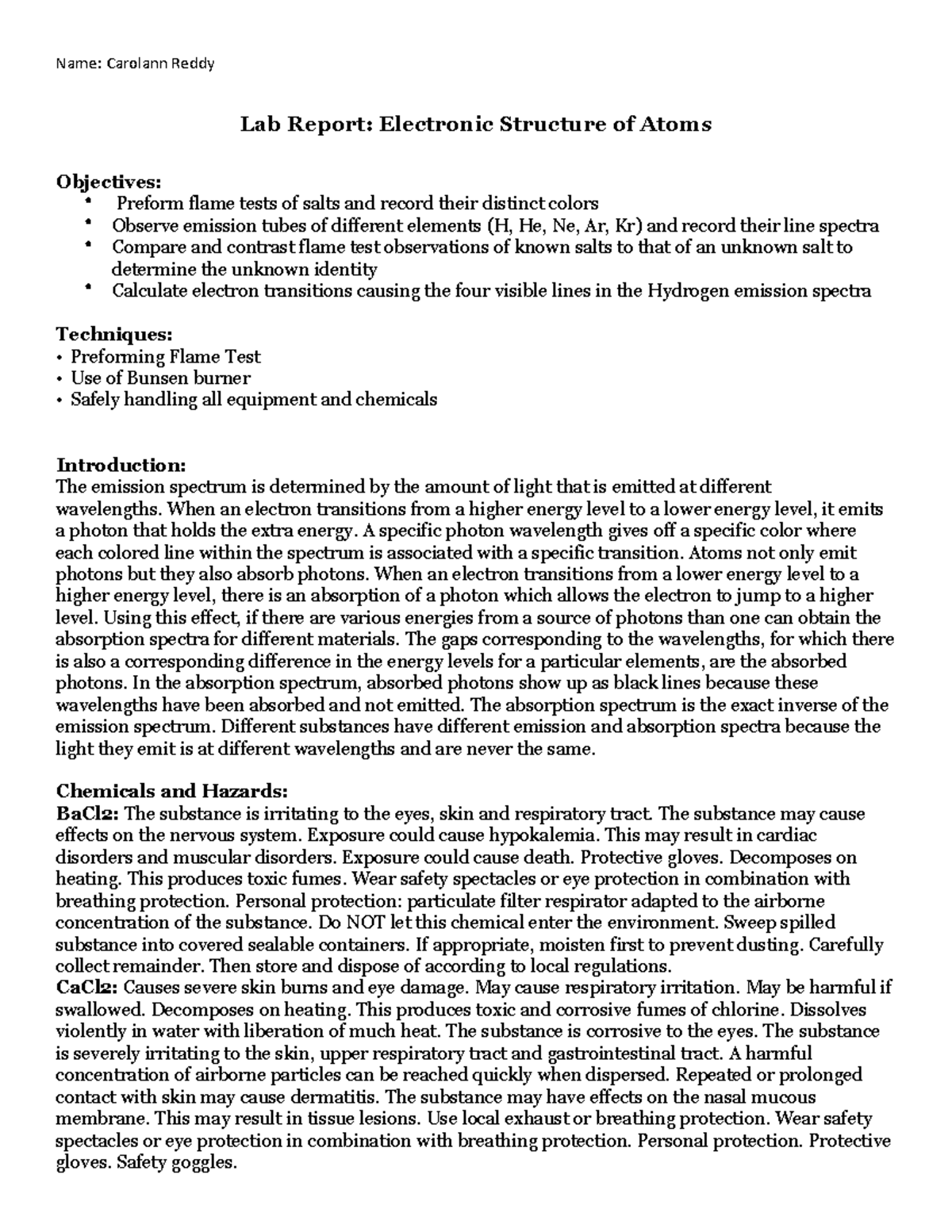 Chem.1411 Lab Report: Analyzing Electronic Structures of Atoms - Studocu