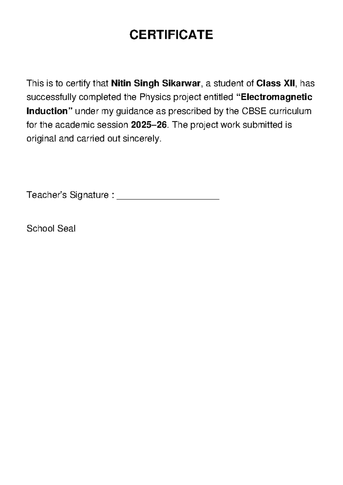 EMI Project Report - Class XII Physics (CBSE) - Studocu