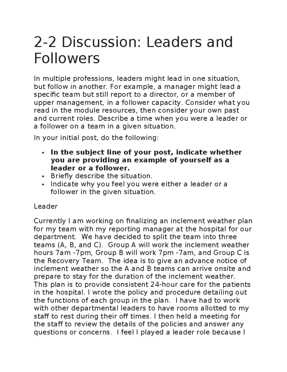 Week 2 Discussion Leader: Exploring Roles as Leaders or Followers - Studocu