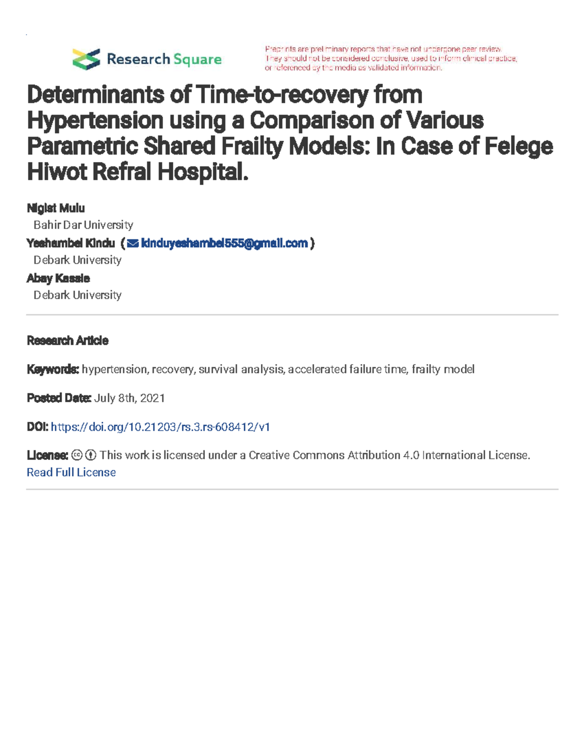 Determinants of Hypertension Recovery: A Shared Frailty Model Study at ...