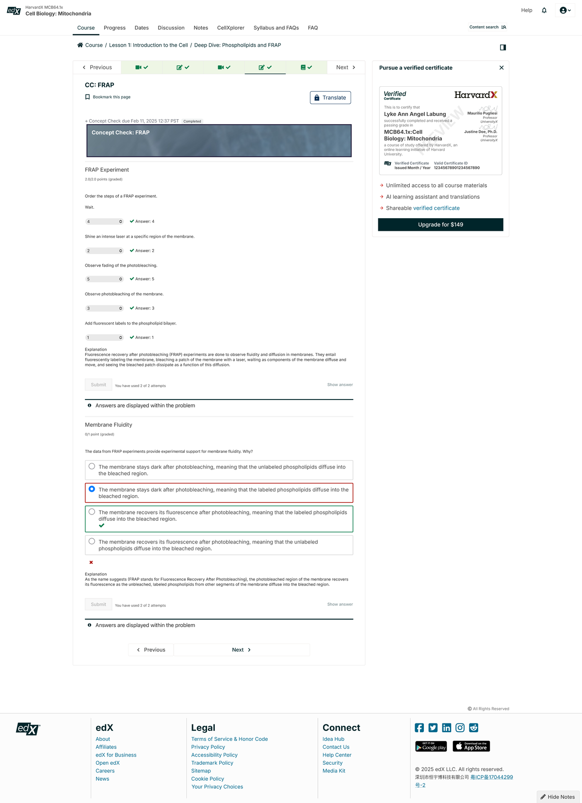 HarvardX MCB64.1x Quiz: FRAP Concept Check and Discussion Notes - Studocu