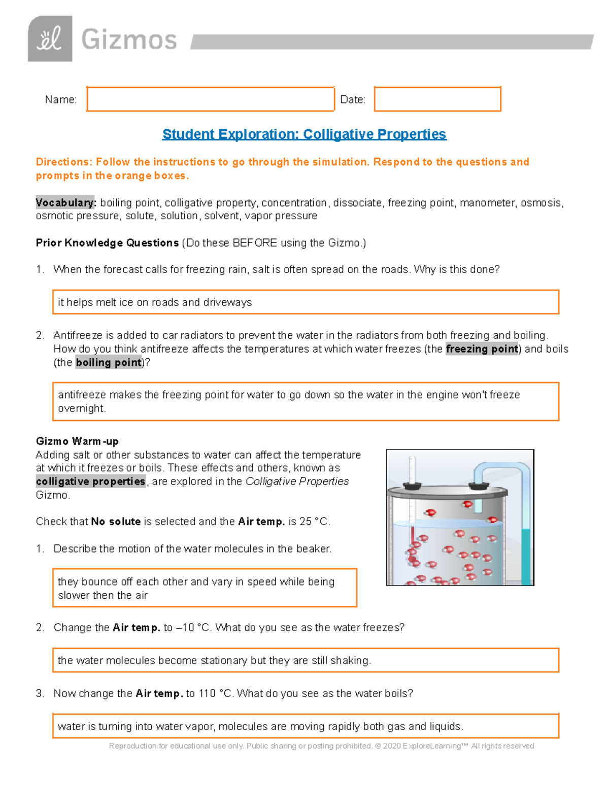 Copy of Colligative Properties gizmo - Name: Date: Student Exploration ...