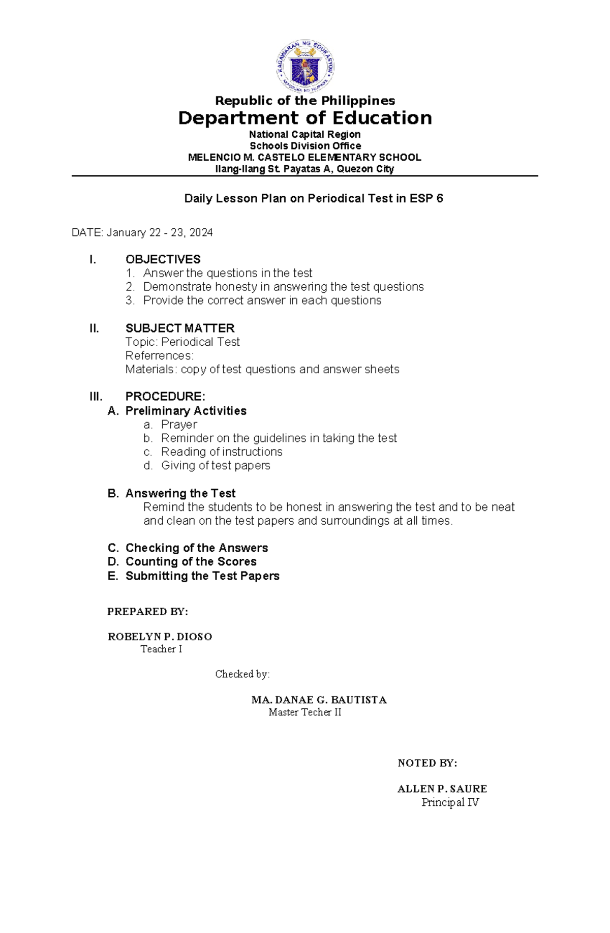 Daily Lesson Plan: ESP 6 Periodical Test Overview (Jan 22-23, 2024 ...