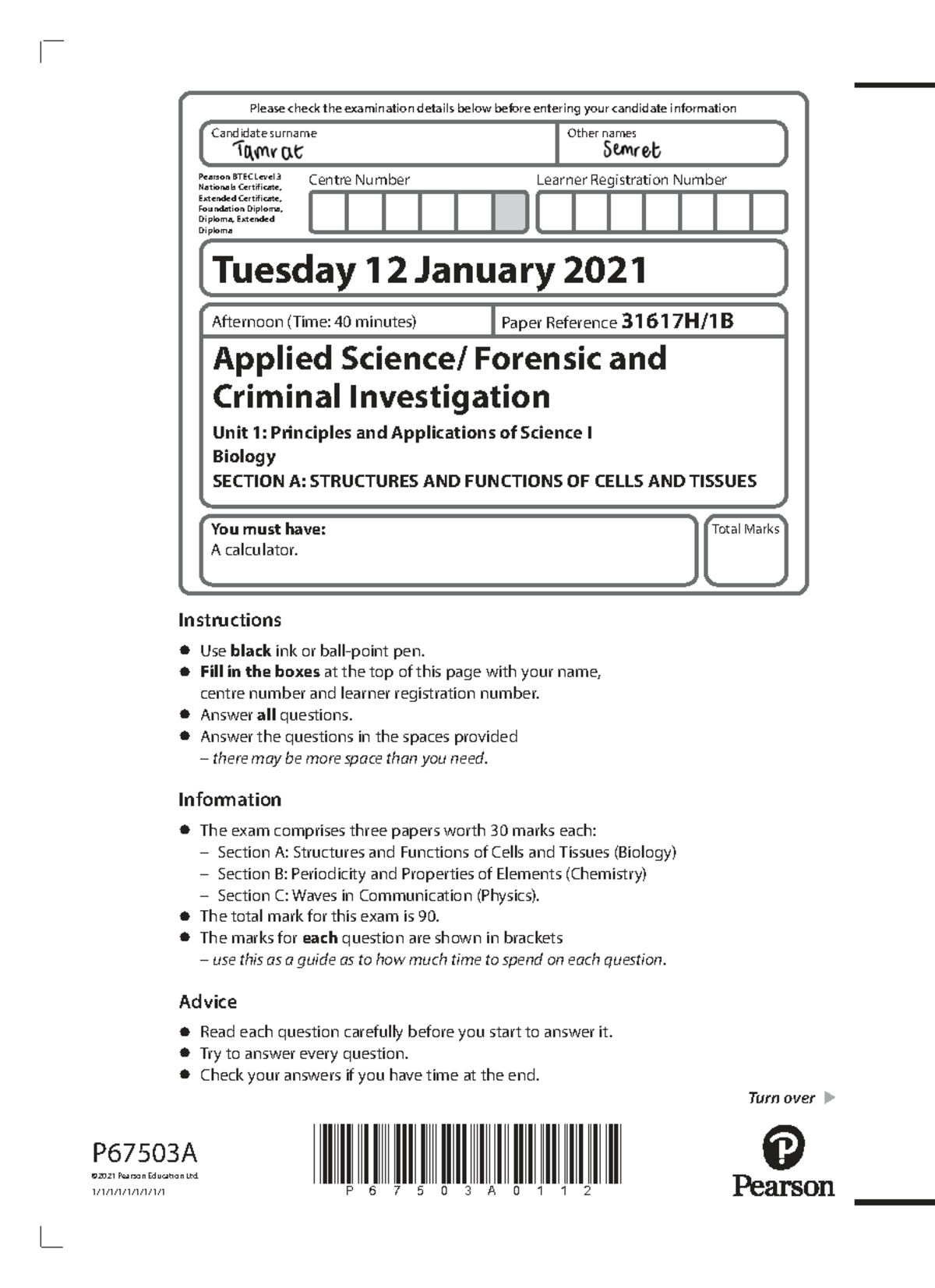 BTEC Level 3 Applied Science Unit 1 Exam Paper - January 2021 - Studocu